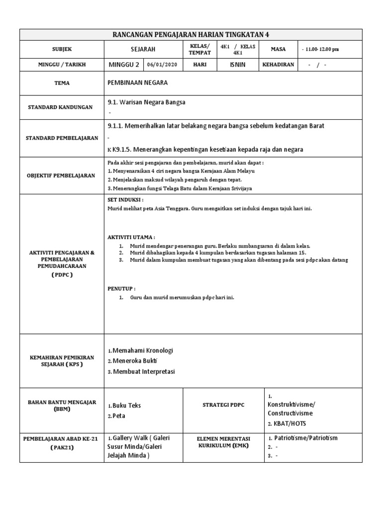 Rancangan Pengajaran Harian Tingkatan 4: 4K1 Kelas 4K1 - 11.00-12.00 PM | PDF