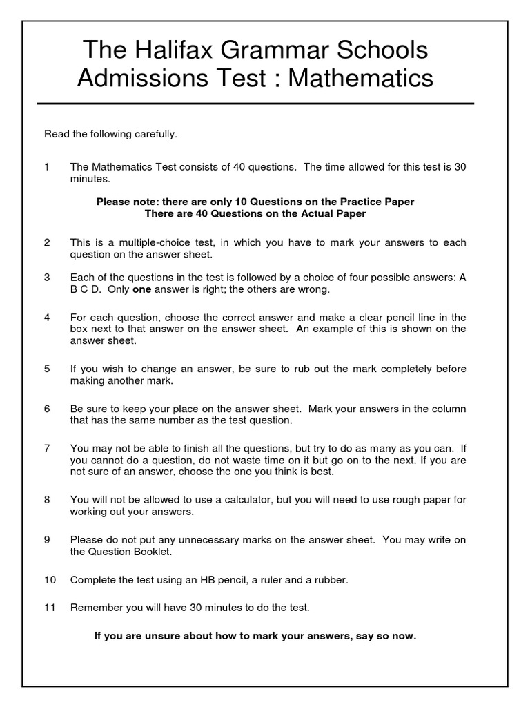 The Halifax Grammar Schools Admissions Test: Mathematics | PDF ...