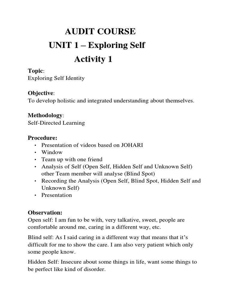 Audit Course UNIT 1 - Exploring Self Activity 1: Topic | PDF | Self ...