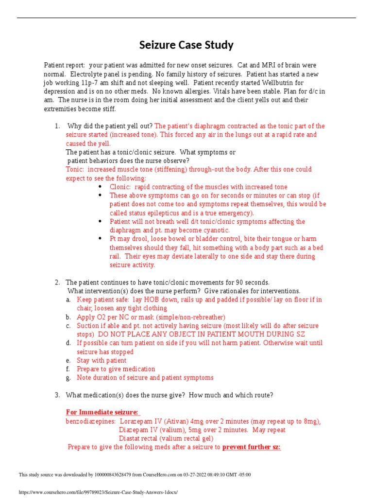 Seizure Case Study Answers 1 | PDF | Medical Specialties | Clinical ...