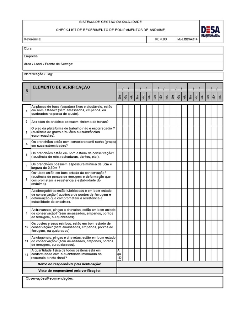 Check-List ANDAIME Peças | PDF