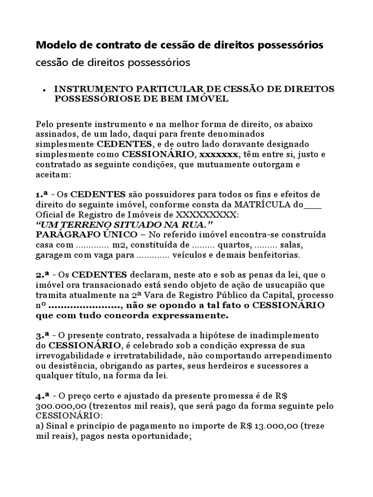 Modelo De Contrato De Cessão De Direitos Possessórios Pdf Justiça