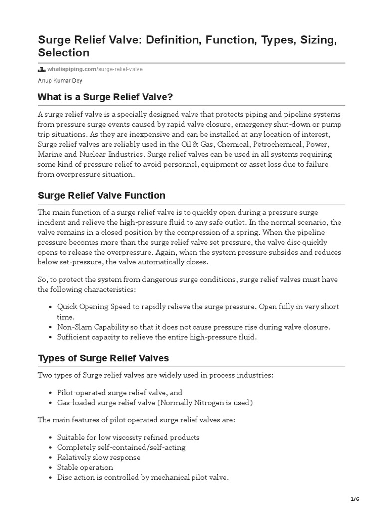 Surge Relief Valve Definition Function Types Sizing Selection | PDF ...