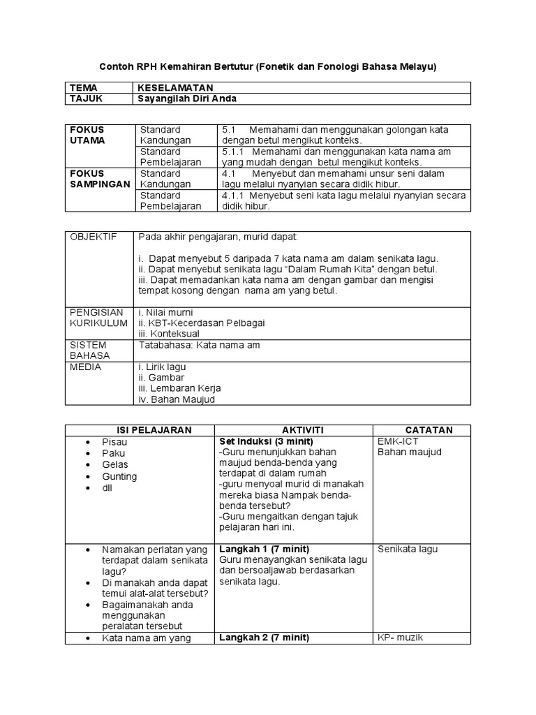 Contoh RPH Kemahiran Bertutur | PDF | Seni & Disiplin Bahasa