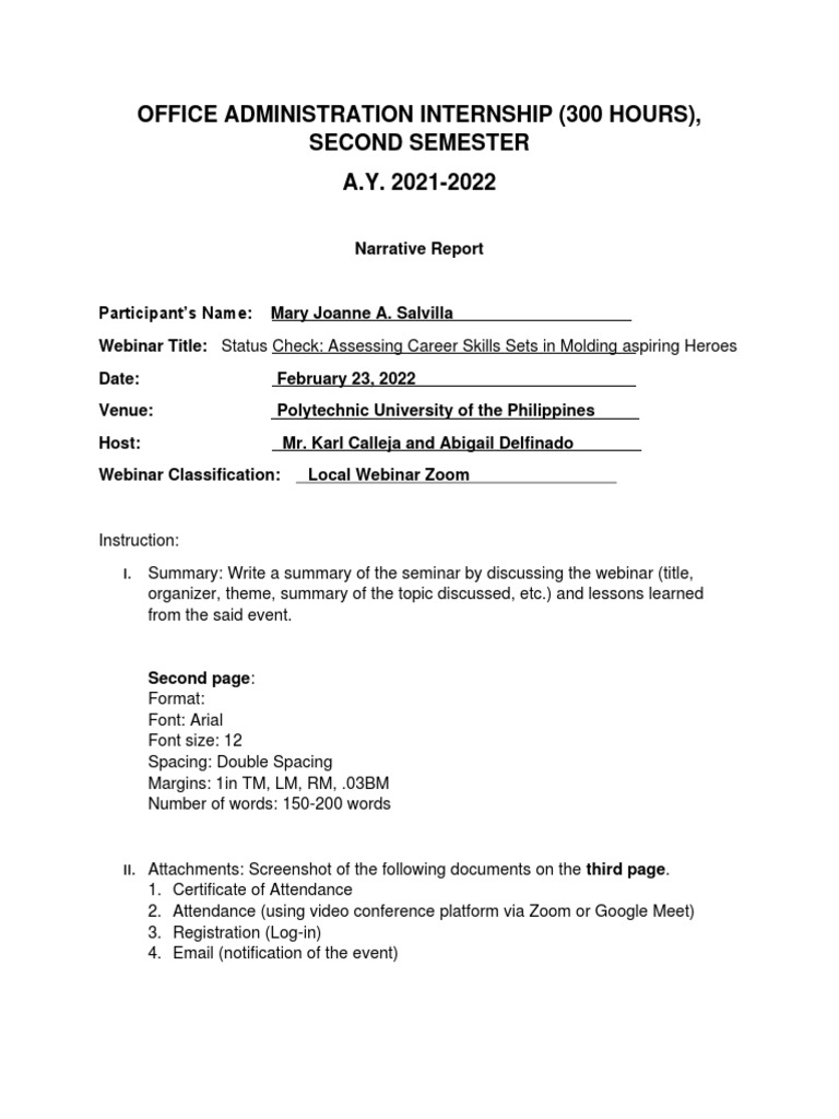 Office Administration Internship (300 Hours), Second Semester A.Y. 2021 ...