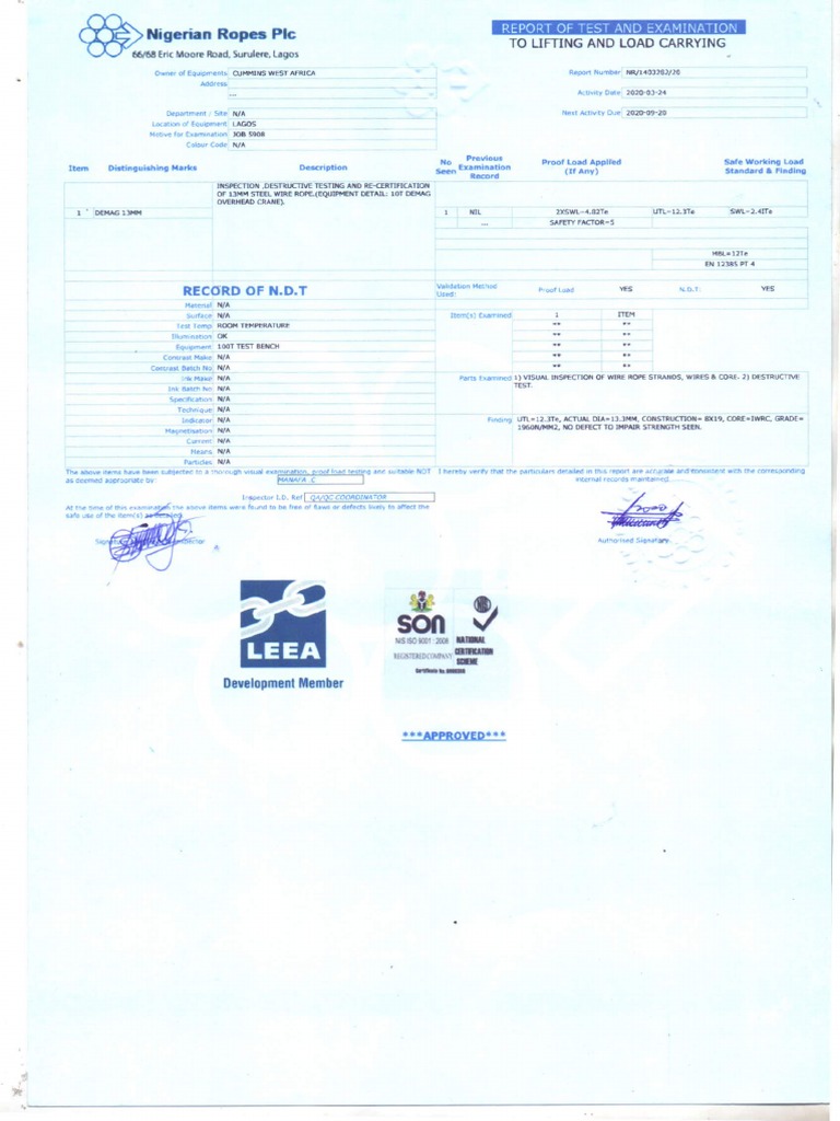 Wire Rope Certificate | PDF