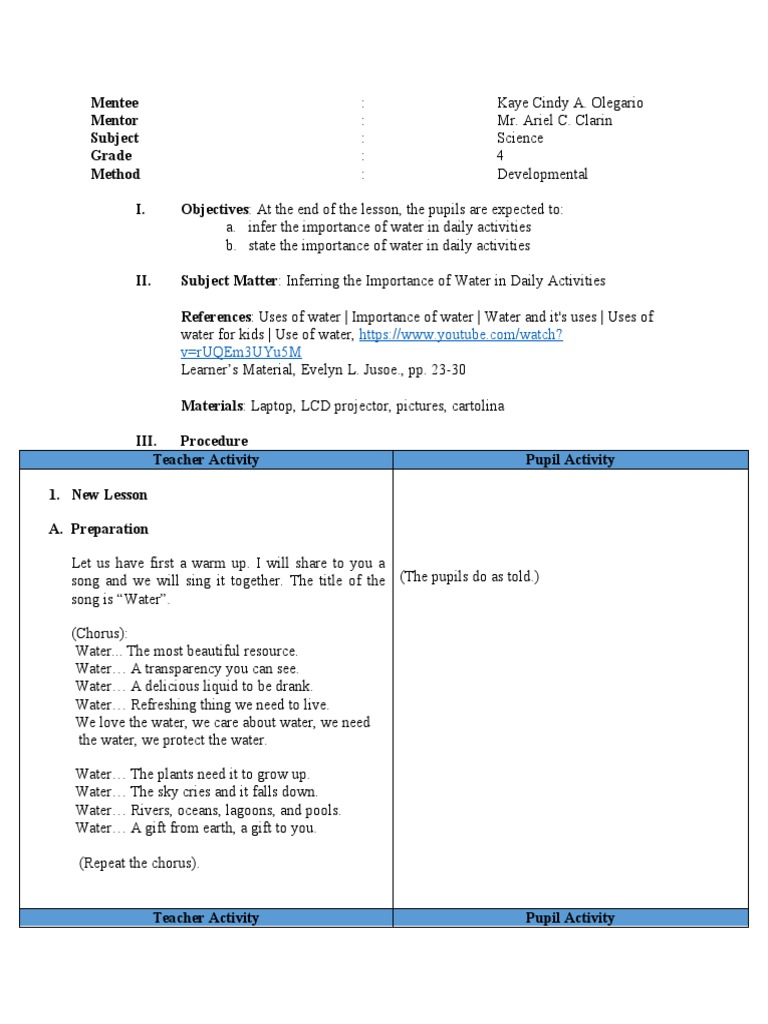 Lesson Plan (Developmental Method) | PDF | Water | Foods