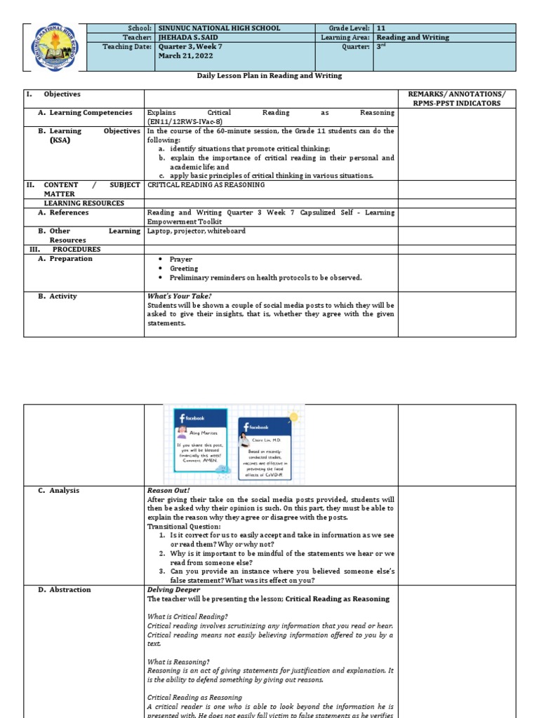 LP - Q3 Week 7 (Reading and Writing) | PDF | Reason | Critical Thinking