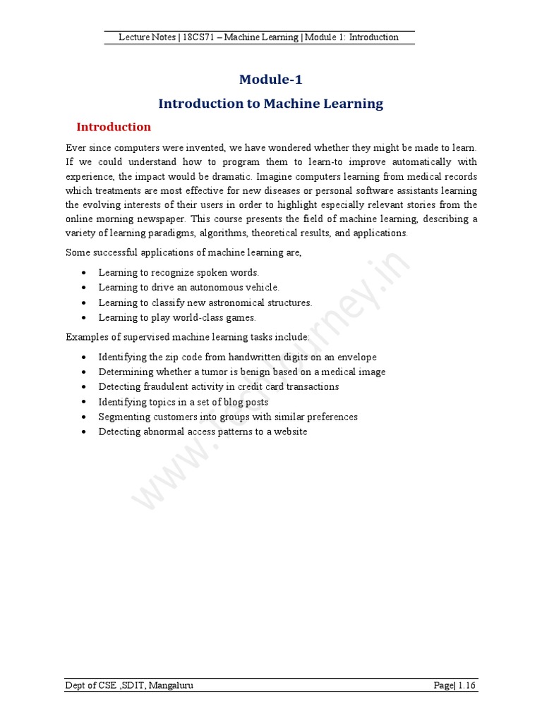 Lecture Notes - 18CS71 - Machine Learning - Module 1: Introduction ...