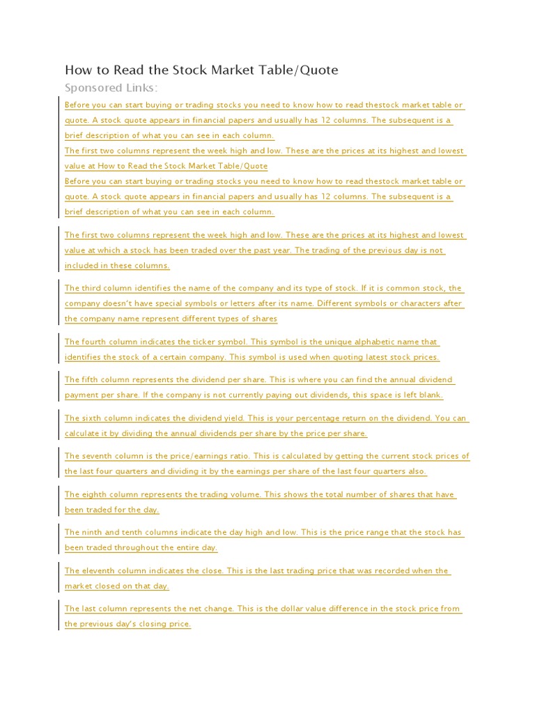 How To Read Stock Table | PDF | Stocks | Dividend