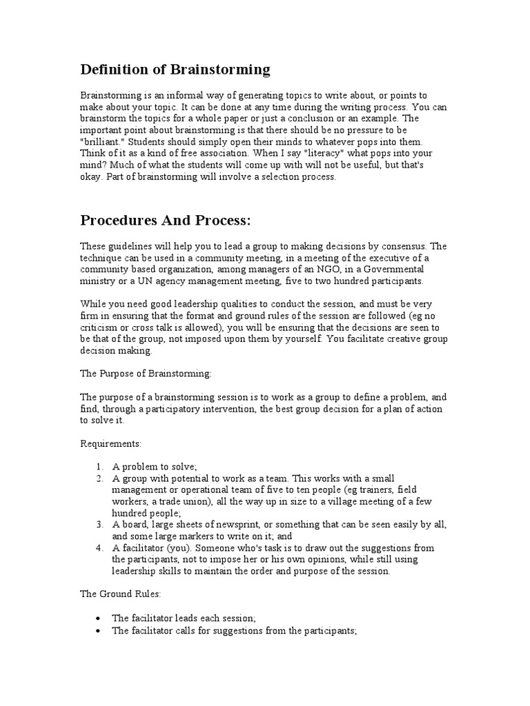 Definition of Brainstorming | PDF | Brainstorming | Psychological Concepts