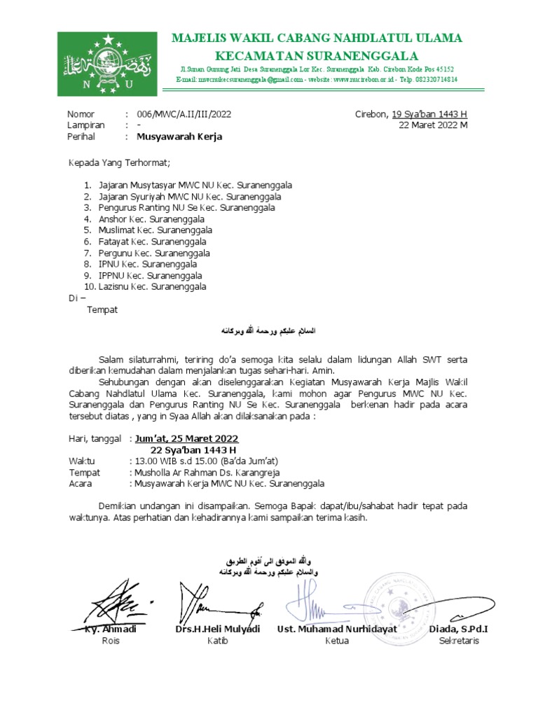 Undangan Musyawarah Kerja MWC NU | PDF
