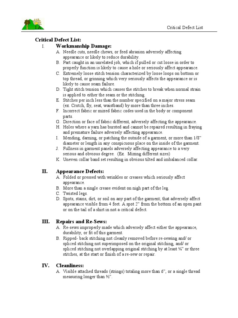 Critical Defect List | PDF