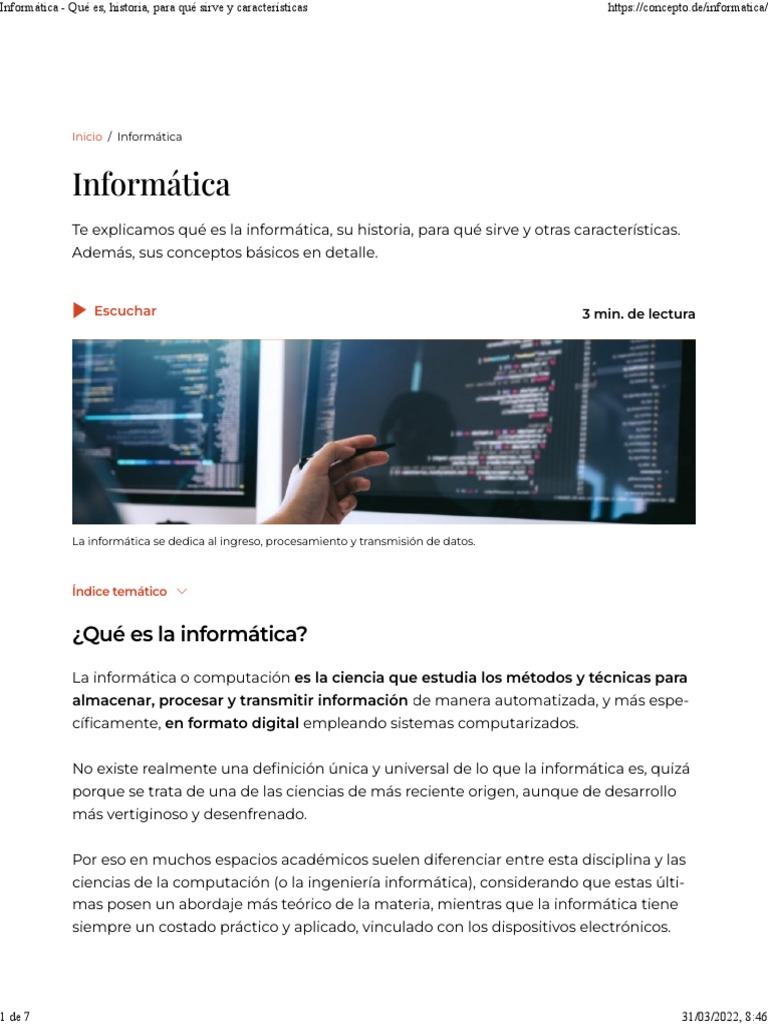 Informática - Qué Es, Historia, para Qué Sirve y Características | PDF ...
