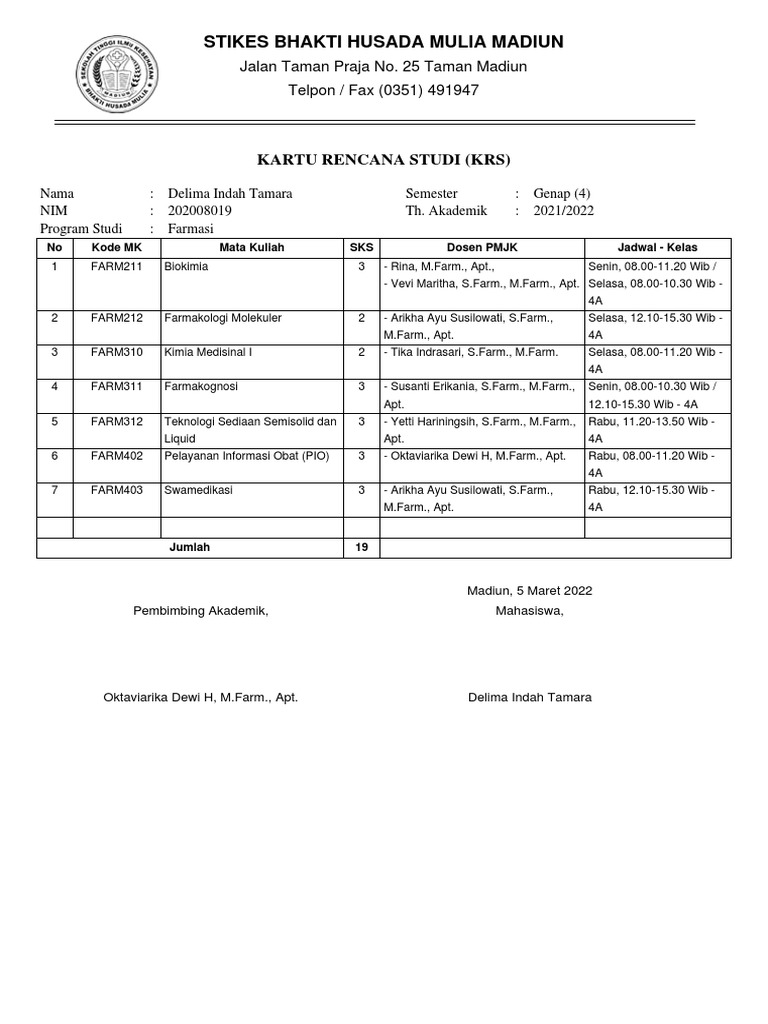 Stikes Bhakti Husada Mulia Madiun: Kartu Rencana Studi (KRS) | PDF | Sains & Matematika