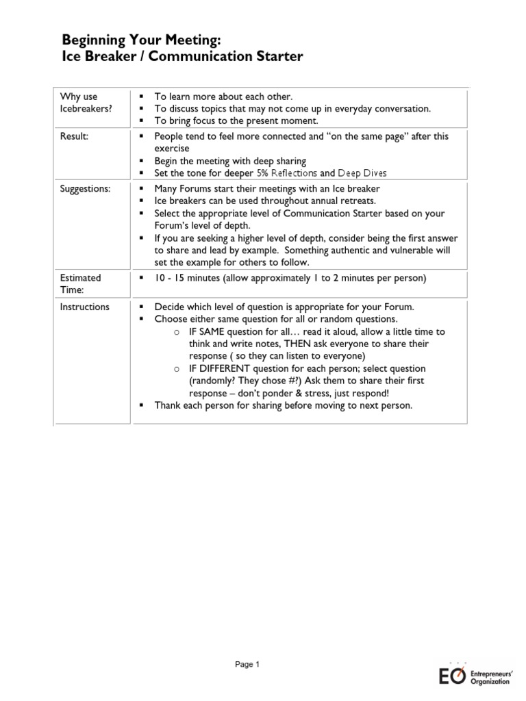 Effective Ice Breakers for Meetings | PDF | Experience