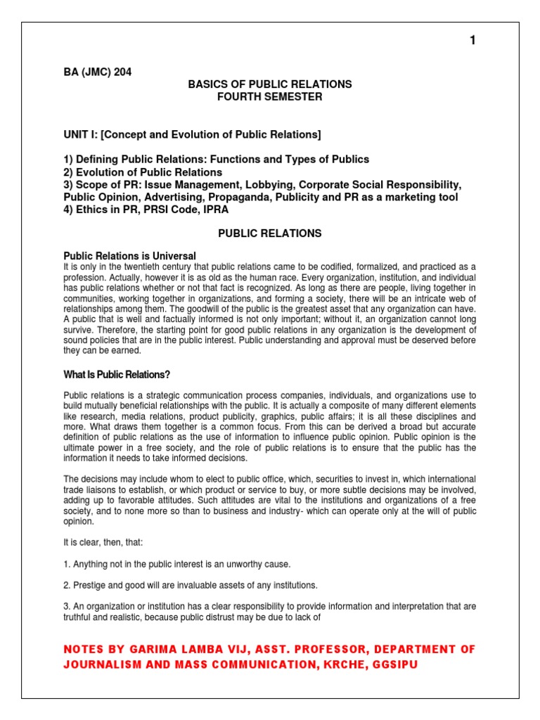 PR Notes - Unit I | PDF | Public Relations | Brand