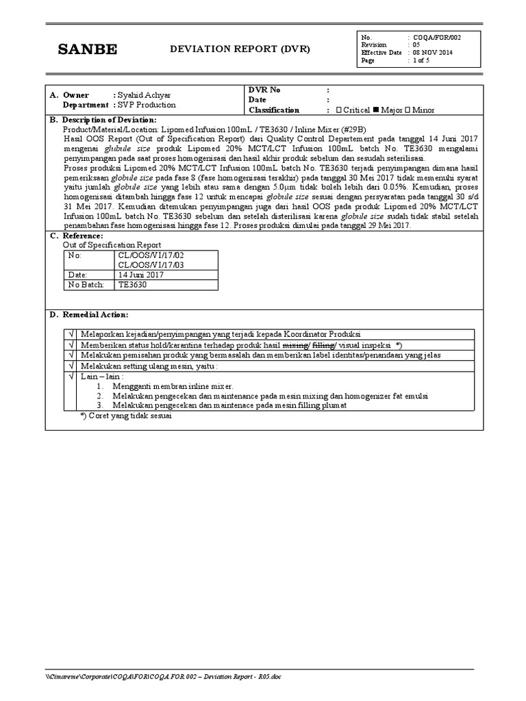 Deviation Report For OSS Lipomed Inf TJ3624 (Syahid) | PDF