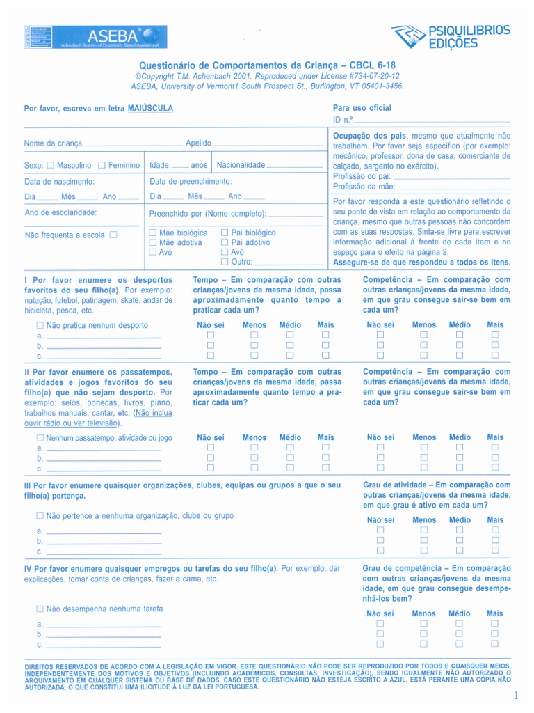 CBCL - Questionario | PDF