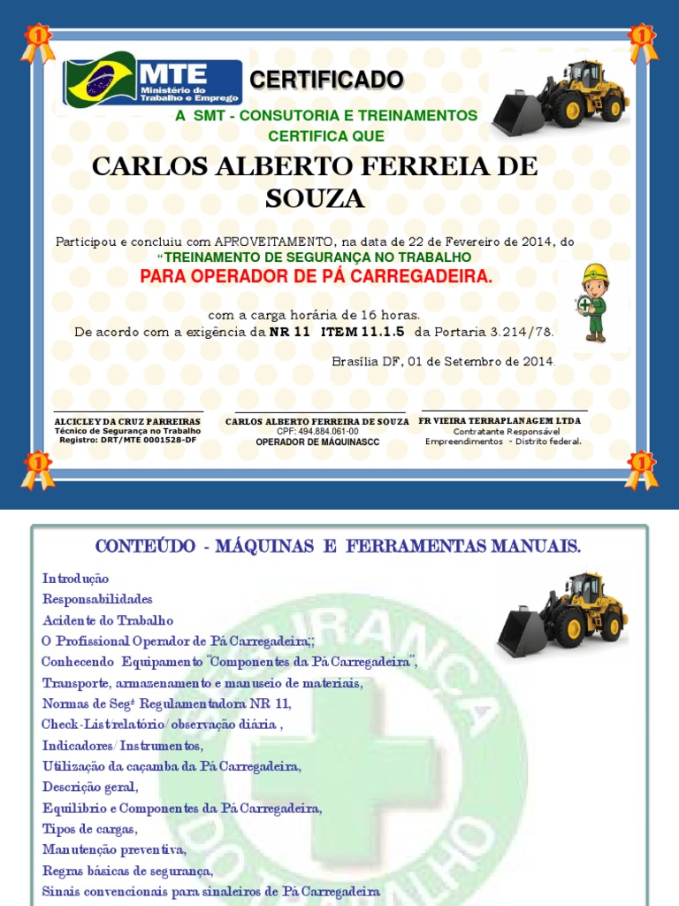 Certificado de Treinamento NR 11 Operador de Retro Escavadeira | PDF
