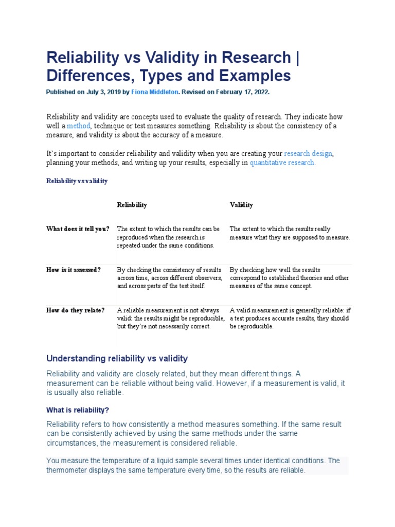 Reliability Vs Validity in Research | PDF | Validity (Statistics) | Cognition
