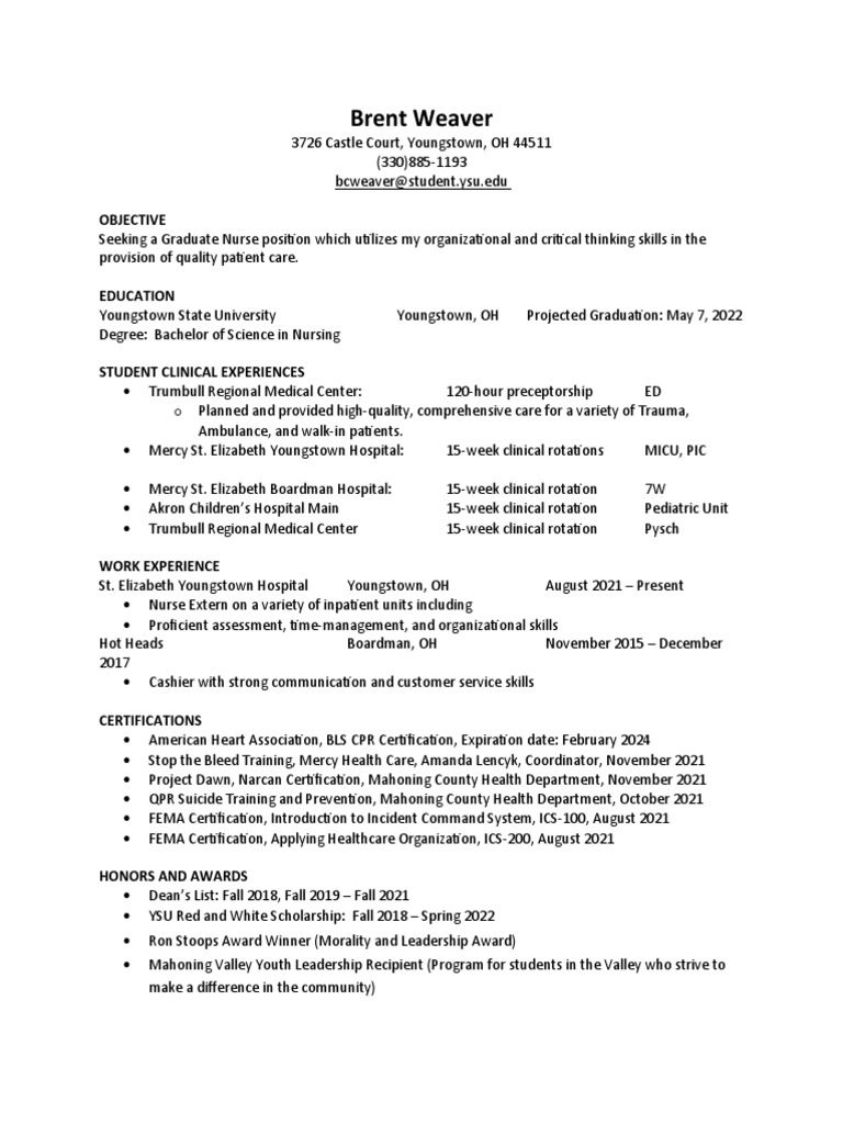 Ysu Nursing School Resume | Download Free PDF | Nursing | Hospital