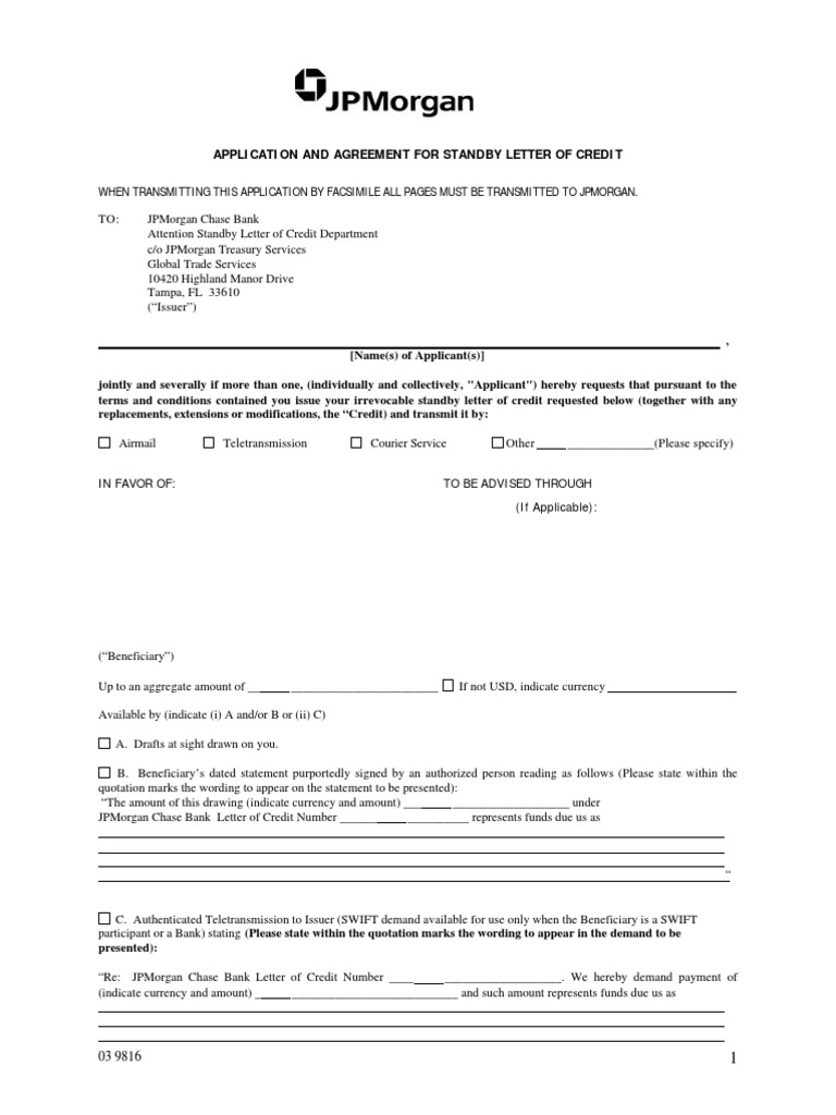 Application and Agreement For Standby Letter of Credit Names of ...