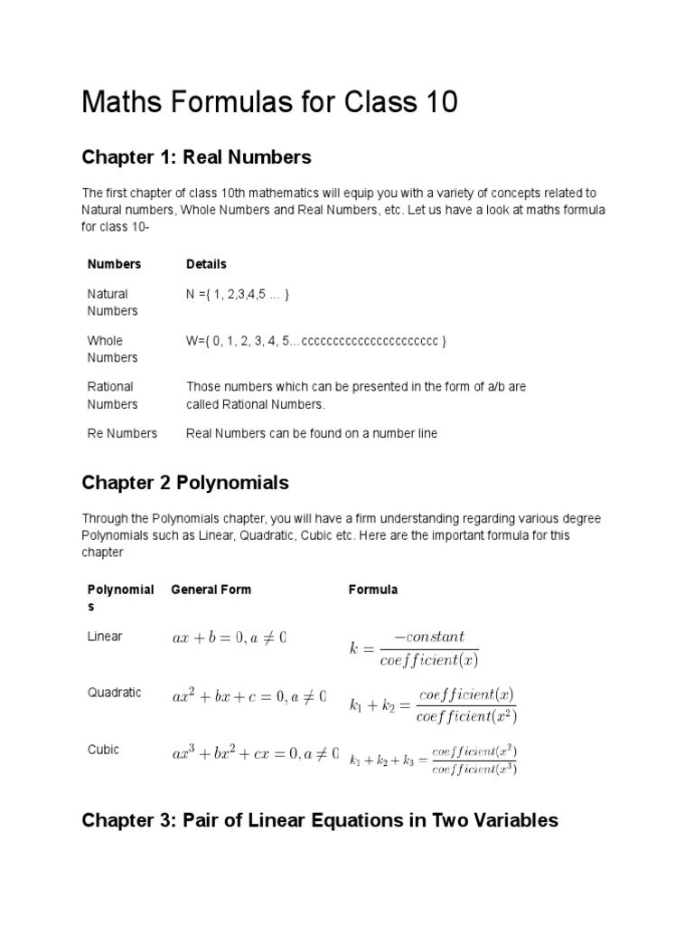 Maths Formulas For Class 10: Chapter 1: Real Numbers | PDF | Area ...