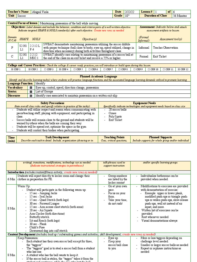 Soccer Lesson Plan | PDF | Teachers | Cognition