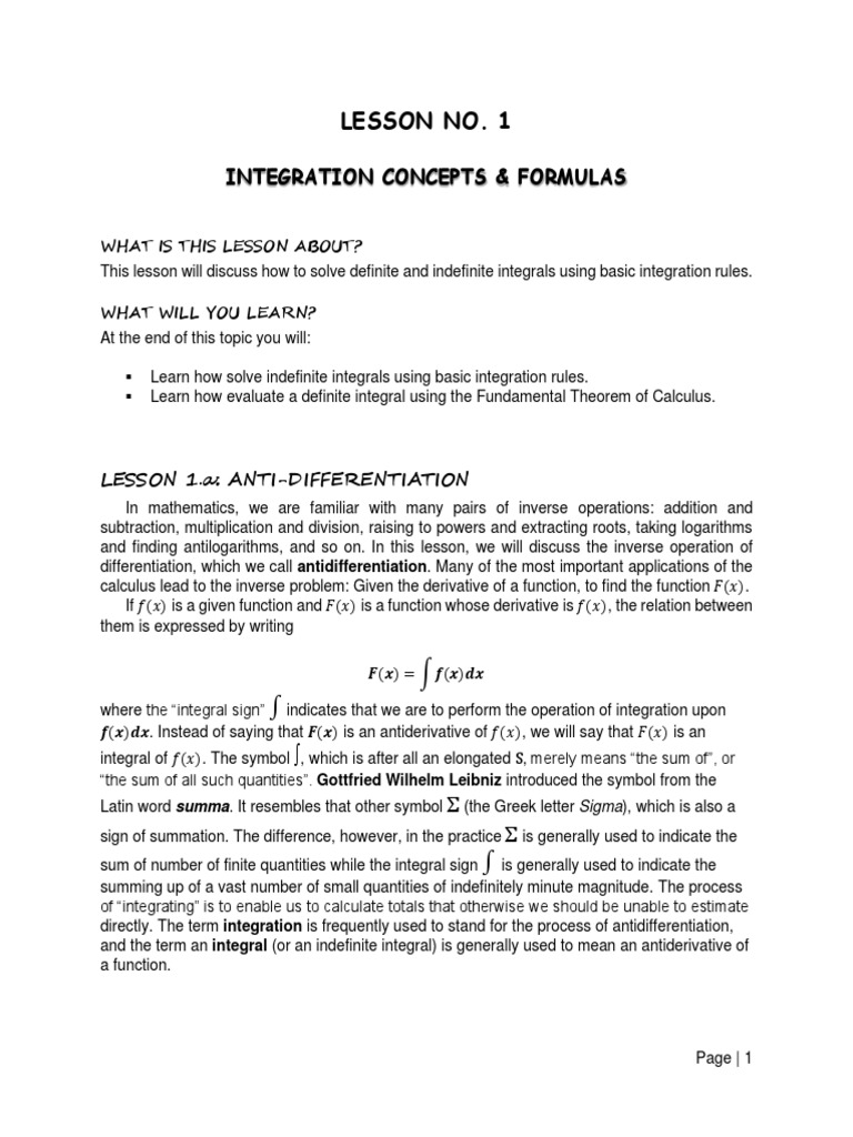 Lesson 1.a - 1.c - Integration Concepts & Formulas | PDF | Integral ...