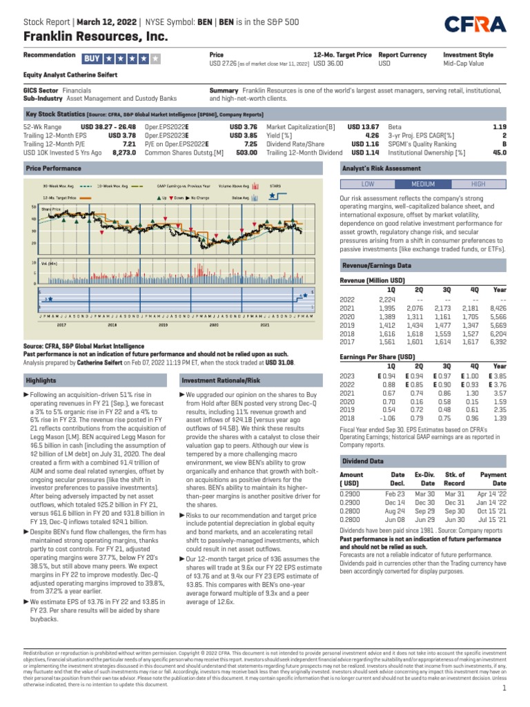 Franklin Resources, Inc.: Stock Report - March 12, 2022 - NYSE Symbol ...