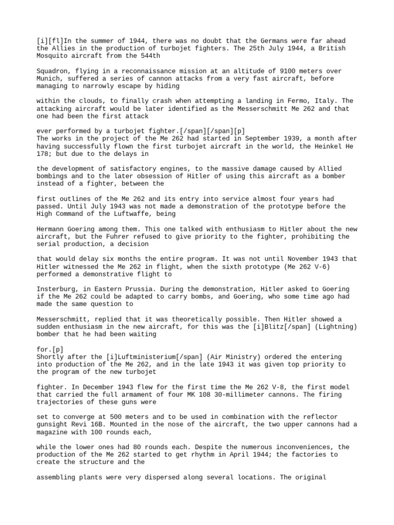 Messerschmitt Me 262 Schwalbe Turbojet Fighter | PDF | Fighter Aircraft ...