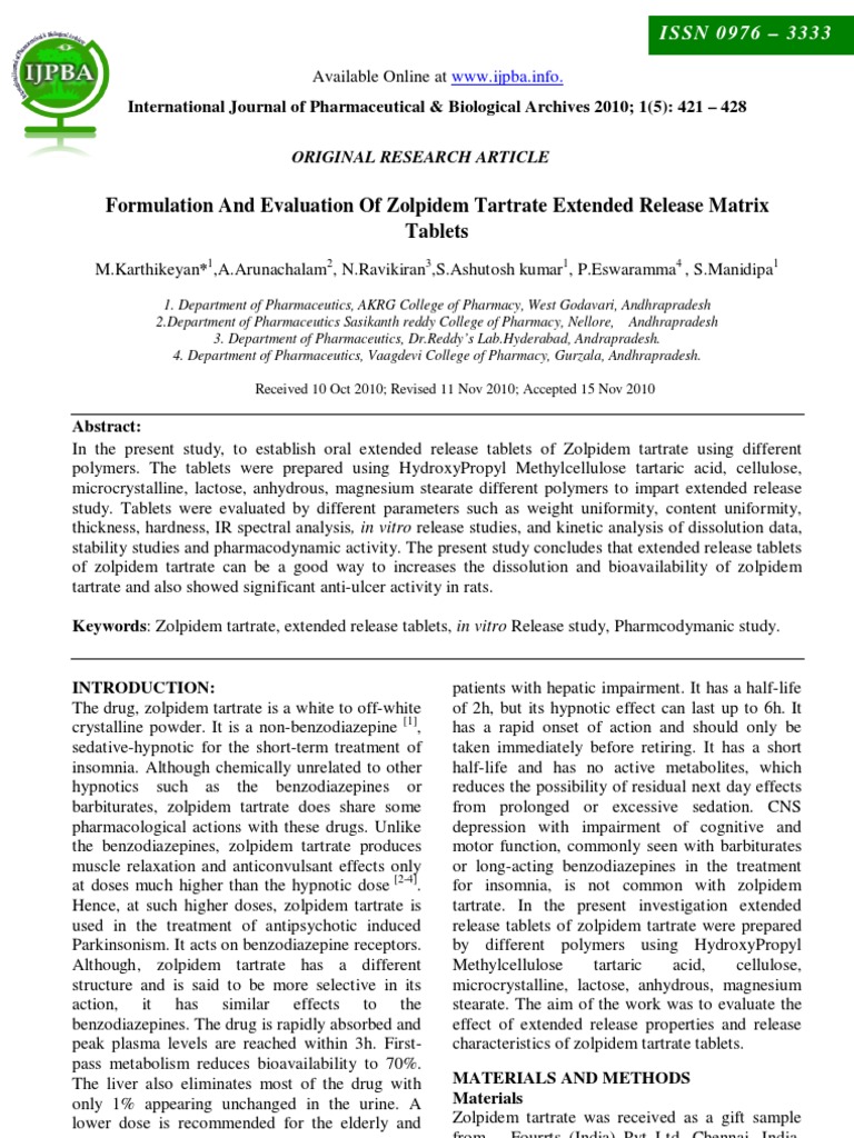 Formulation And Evaluation Of Zolpidem Tartrate Extended Release Matrix