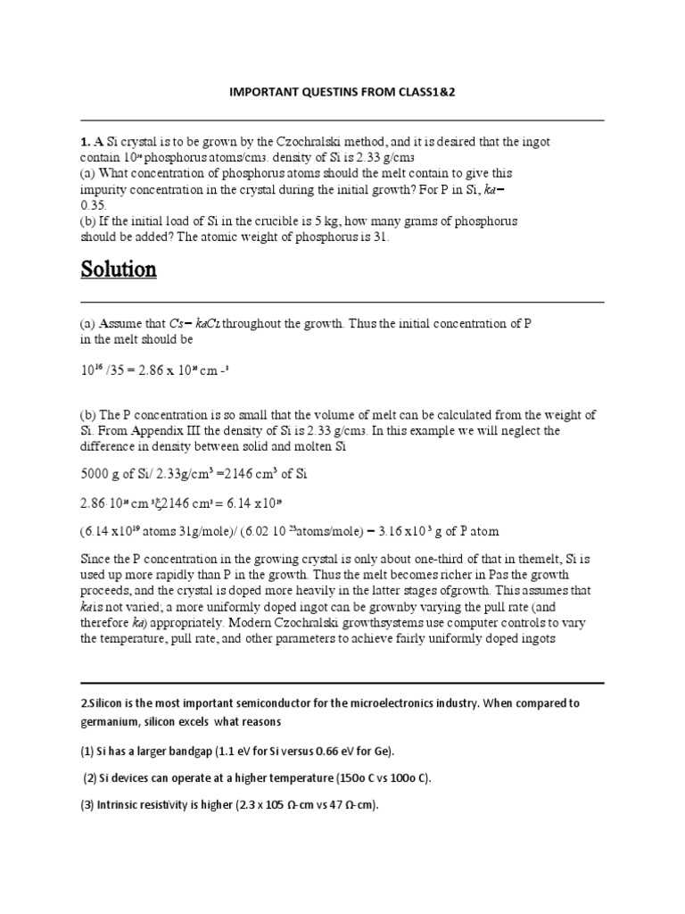 Solution: Important Questins From Class1&2 1 | PDF | Silicon | Crystal