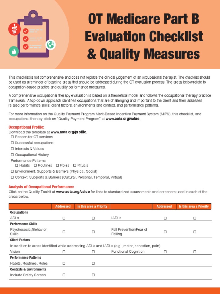 Medicare Part B Eval Checklist | PDF | Occupational Therapy | Dementia