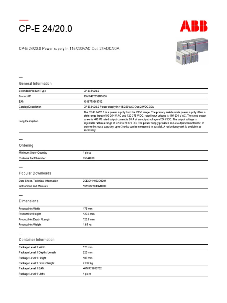 CP-E 24/20.0 Power Supply In:115/230VAC Out: 24VDC/20A: General ...