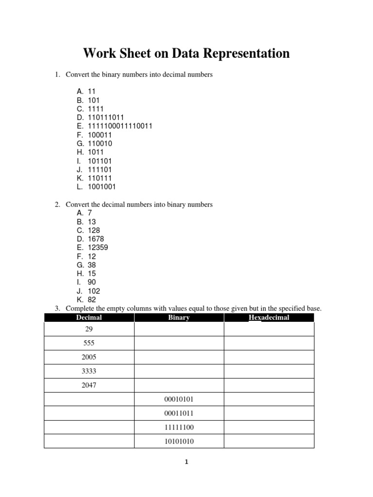 Work Sheet On Data Representation: Decimal Binary Hexadecimal | PDF
