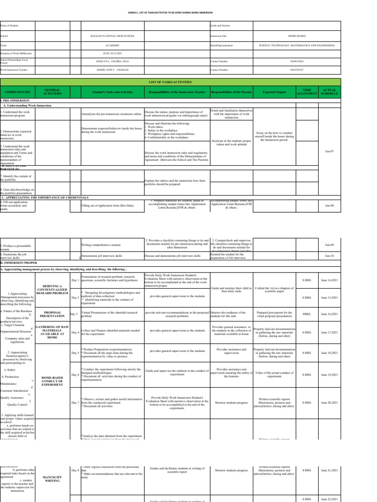 Work Immersion Home-Based Tasks List | PDF | Experiment | Job Interview