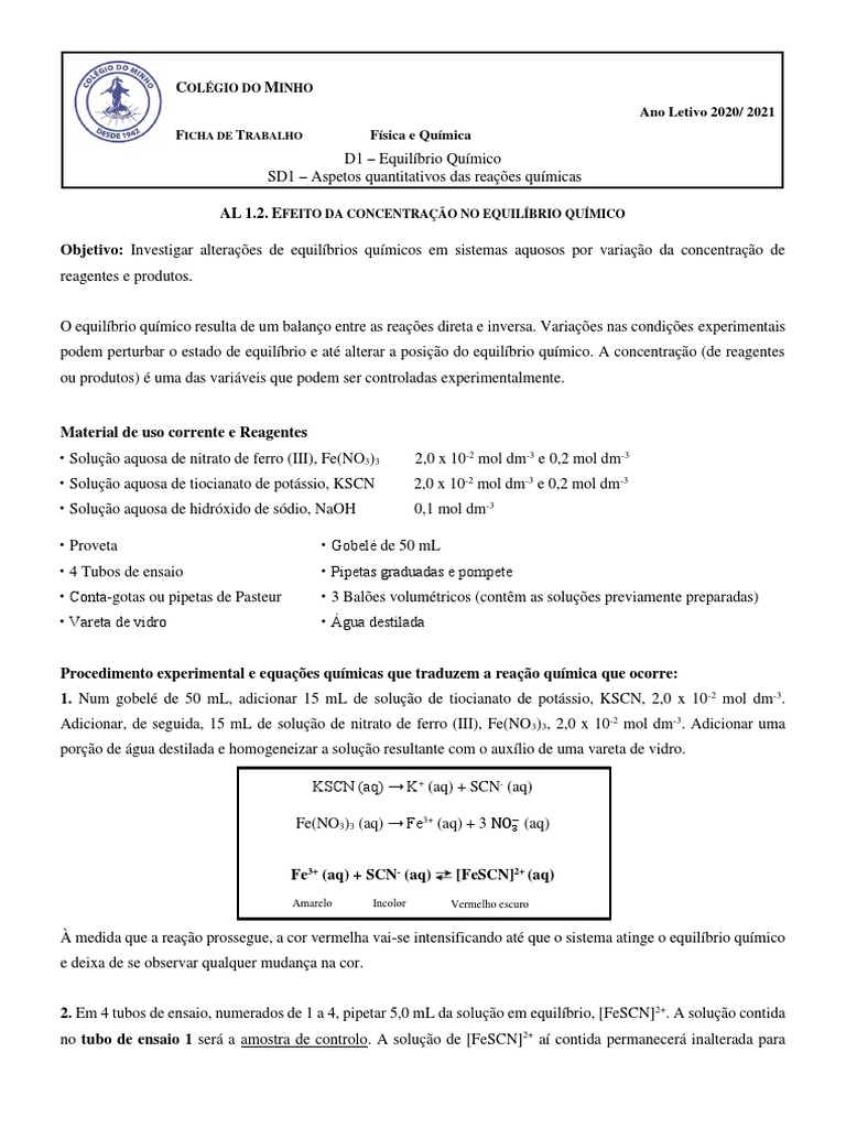 Ficha Trabalho - AL - 1.2 - Efeito Conc. Eq. Químico | PDF | Equilíbrio químico | Química