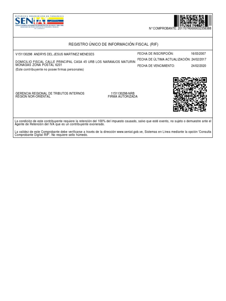 Fiscal identification details for Andrys Del Jesus Martinez Meneses ...