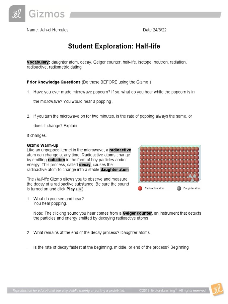 Student Exploration: Half-Life: Vocabulary: Daughter Atom, Decay ...