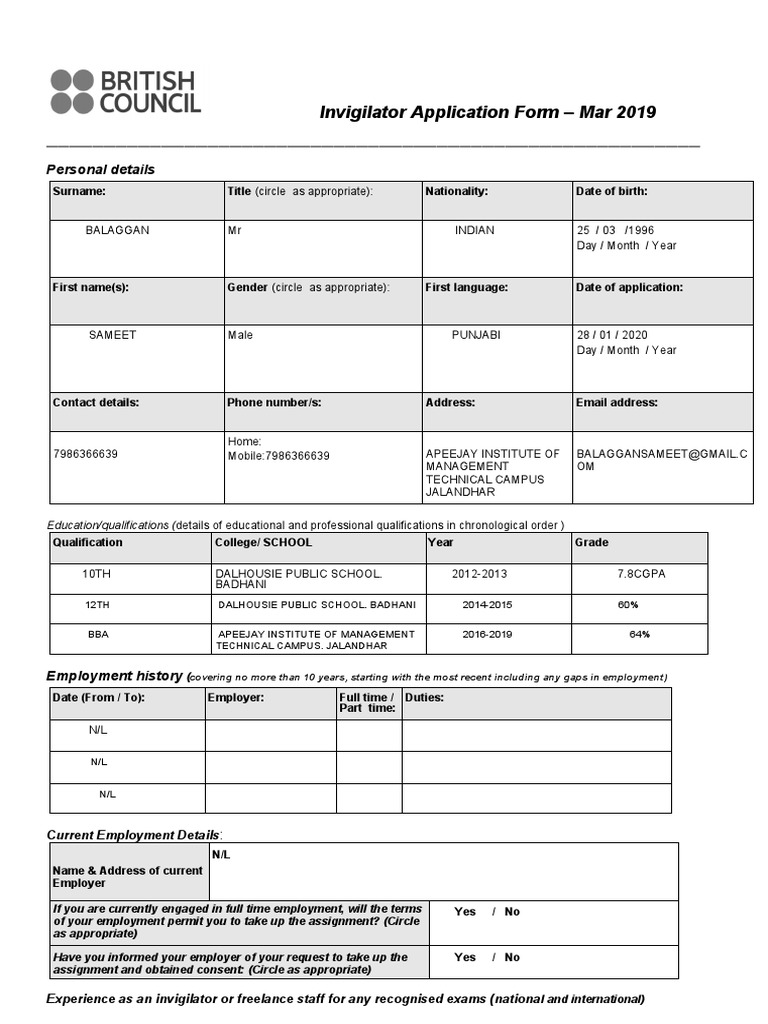 Invigilator Application Form - Mar 2019: Personal Details | PDF ...