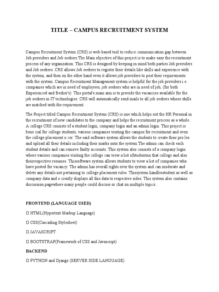 Synopsis - Campus Recruitment System | PDF | Recruitment | Html