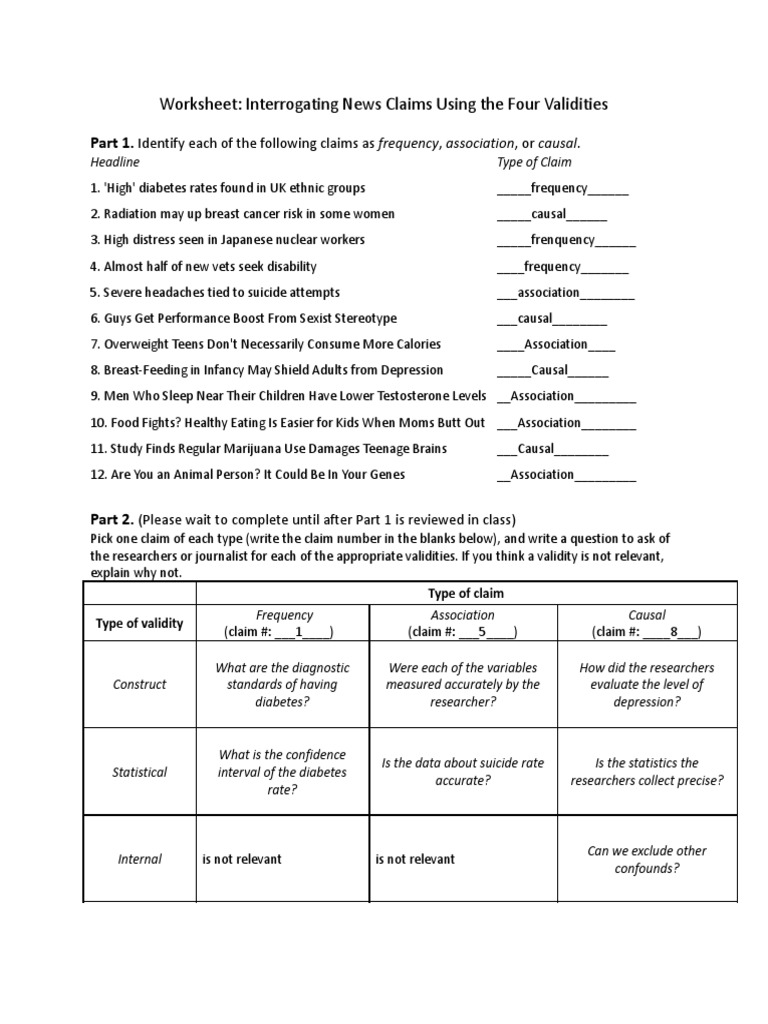 Worksheet: Interrogating News Claims Using The Four Validities | PDF ...