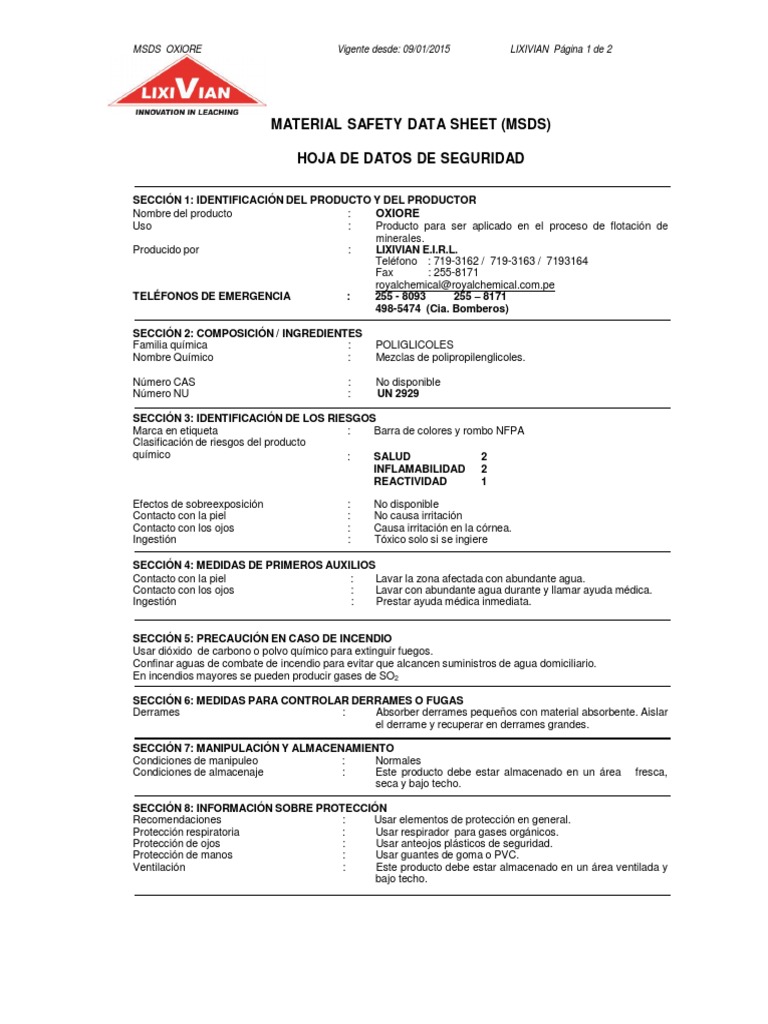 Oxiore MSDS | PDF | Solubilidad | El plastico