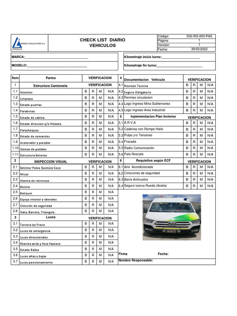 CHECK - LIST - Diario - Vehiculos MINIVAN | PDF | Vehículo de motor ...