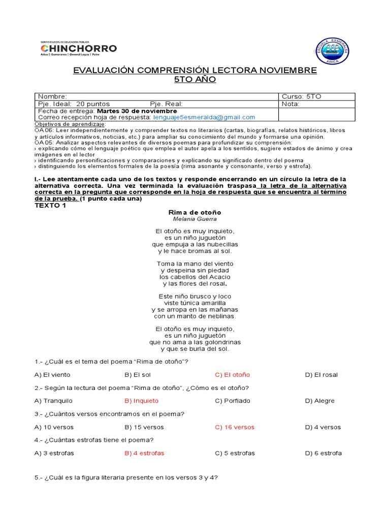 Evaluación Comprensión Lectora Noviembre 5to Año | PDF | Poesía | Rima