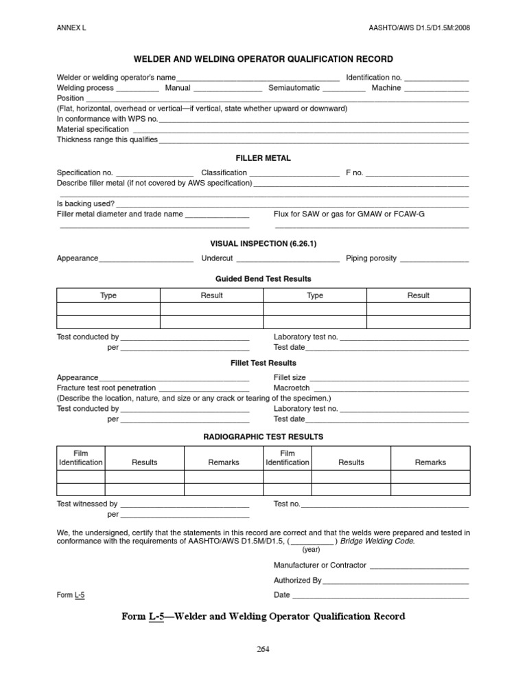 Form L-5-Welder and Welding Operator Qualification Record | PDF ...