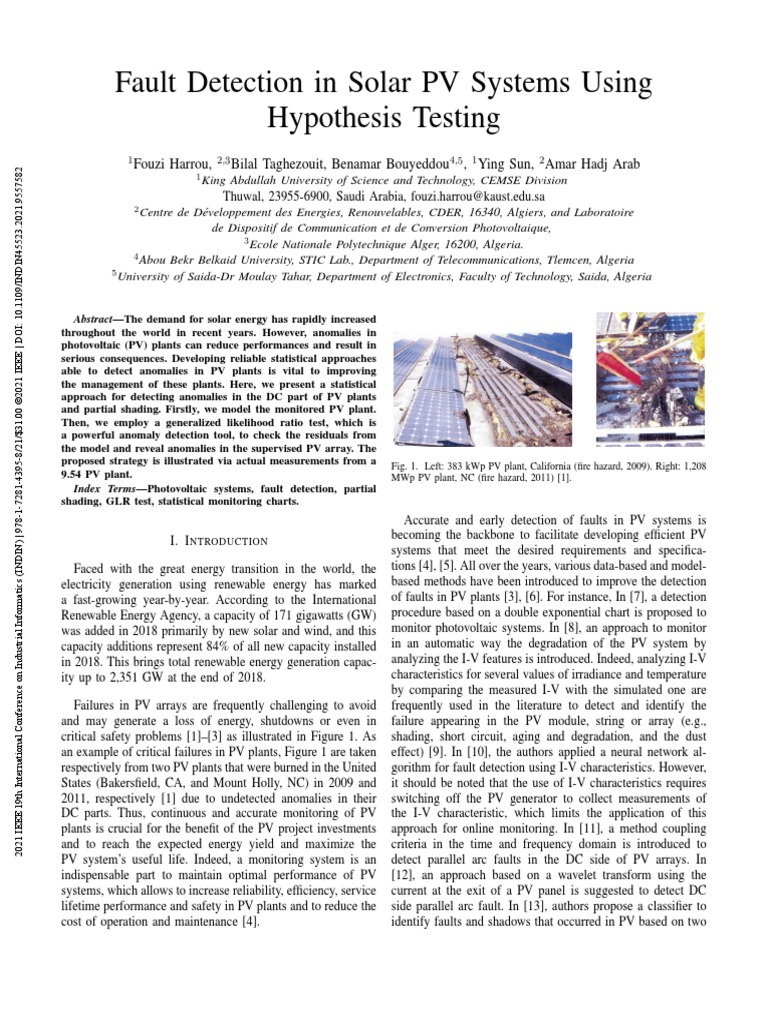 Fault Detection in Solar PV Systems Using Hypothesis Testing | PDF ...