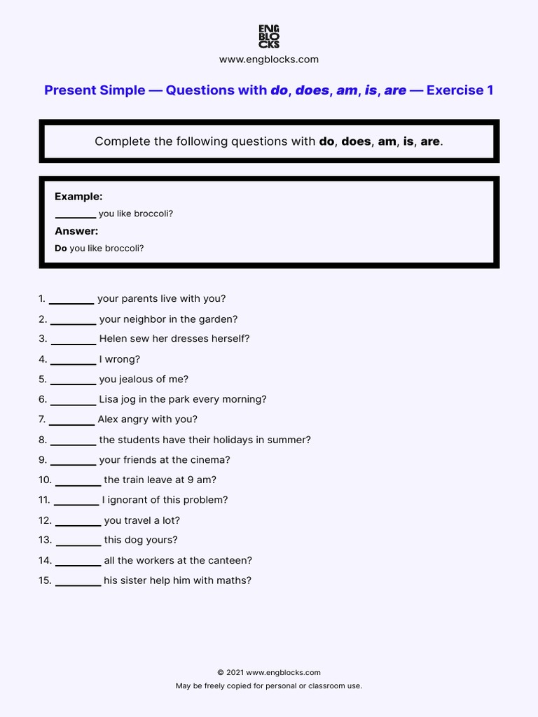 Present Simple - Questions With Do, Does, Am, Is, Are - Exercise 1 | PDF